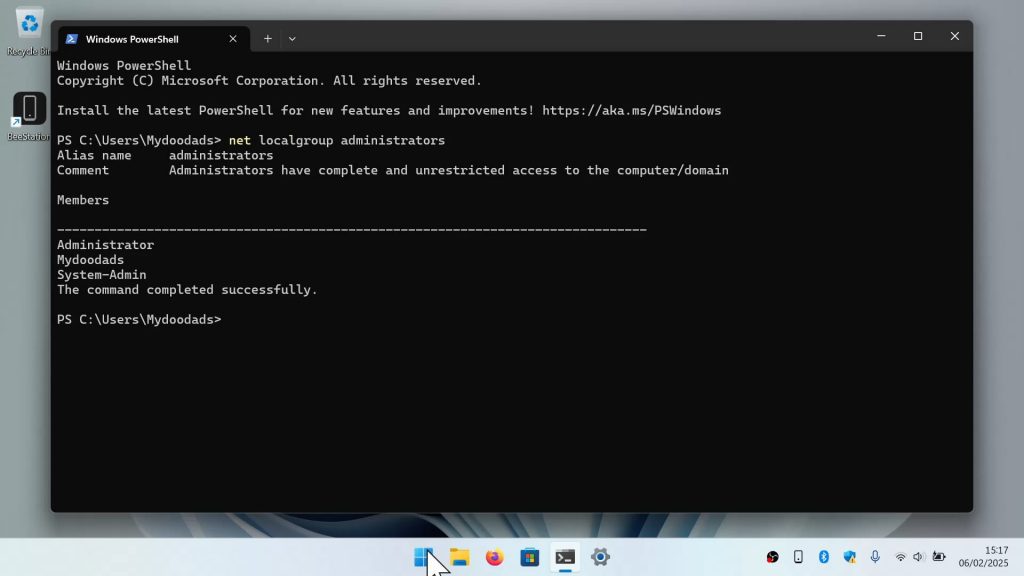 Check admin rights with a Windows terminal command